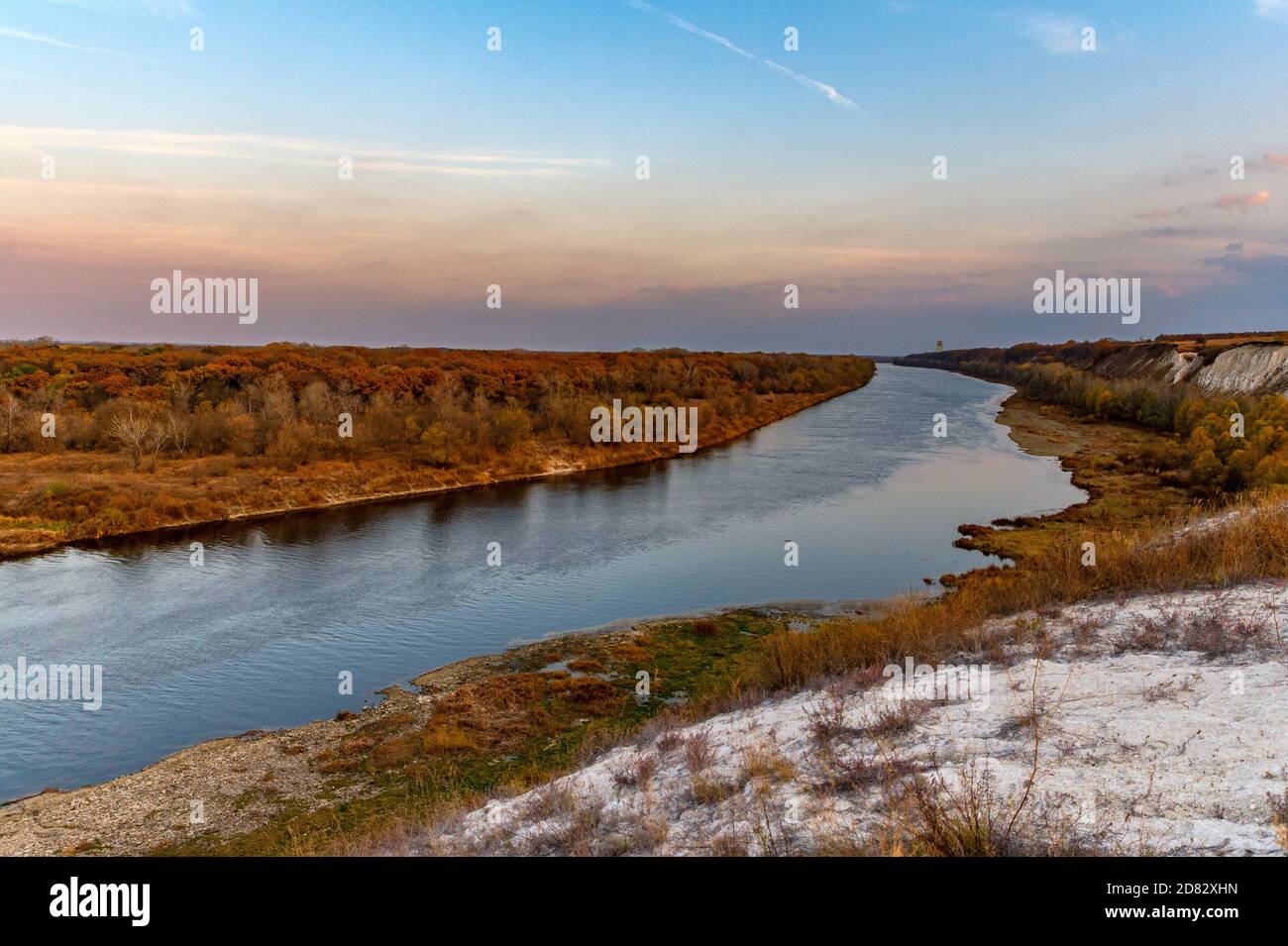 Bend of the Don River in the upper reaches of the river from drone ...