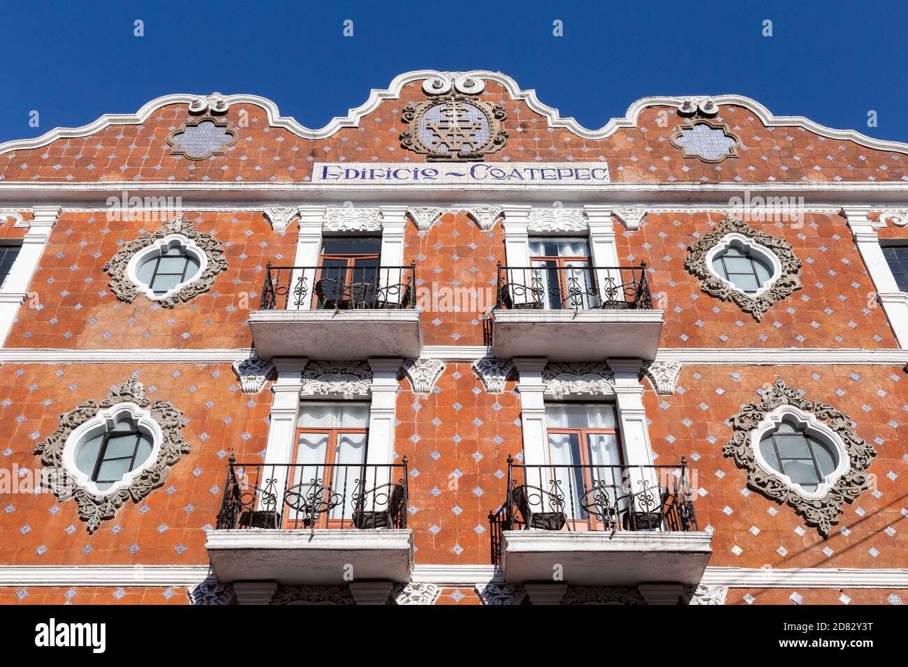 FaÃ§ade of a traditional colonial ancient building in Puebla, Mexico ...