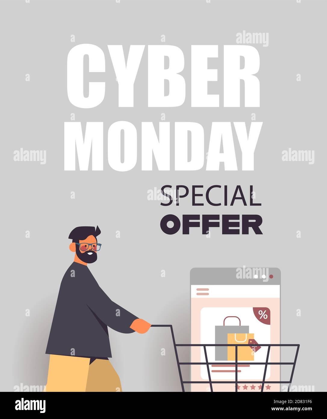 man pushing web browser window in trolley cart online shopping cyber ...