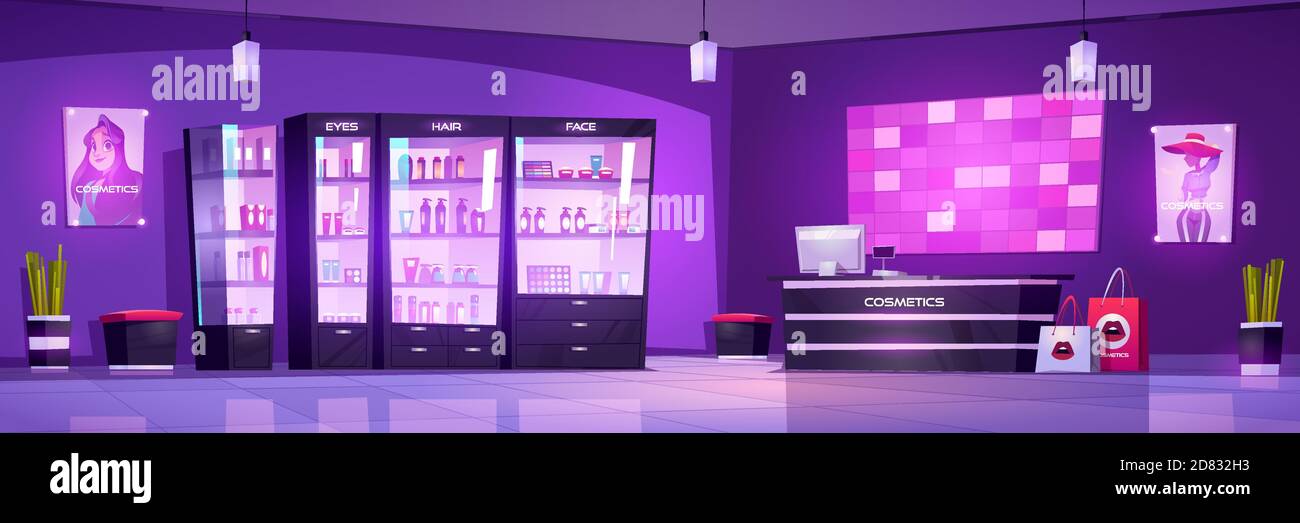 Cosmetics store interior, makeup or body care beauty shop with cosmetic ...