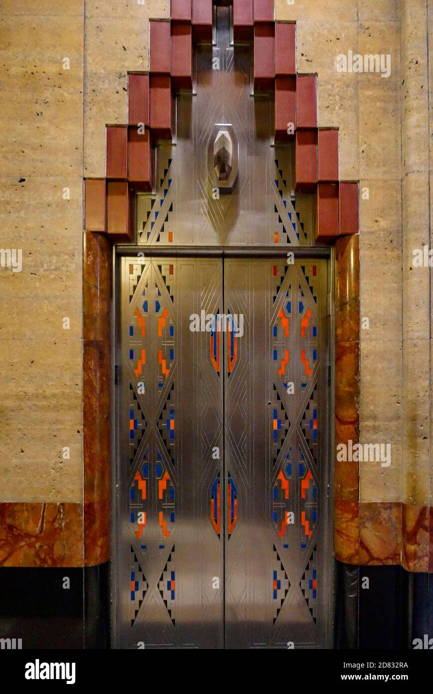 Elevator door at the art-deco Guardian Building in Detroit, Michigan ...