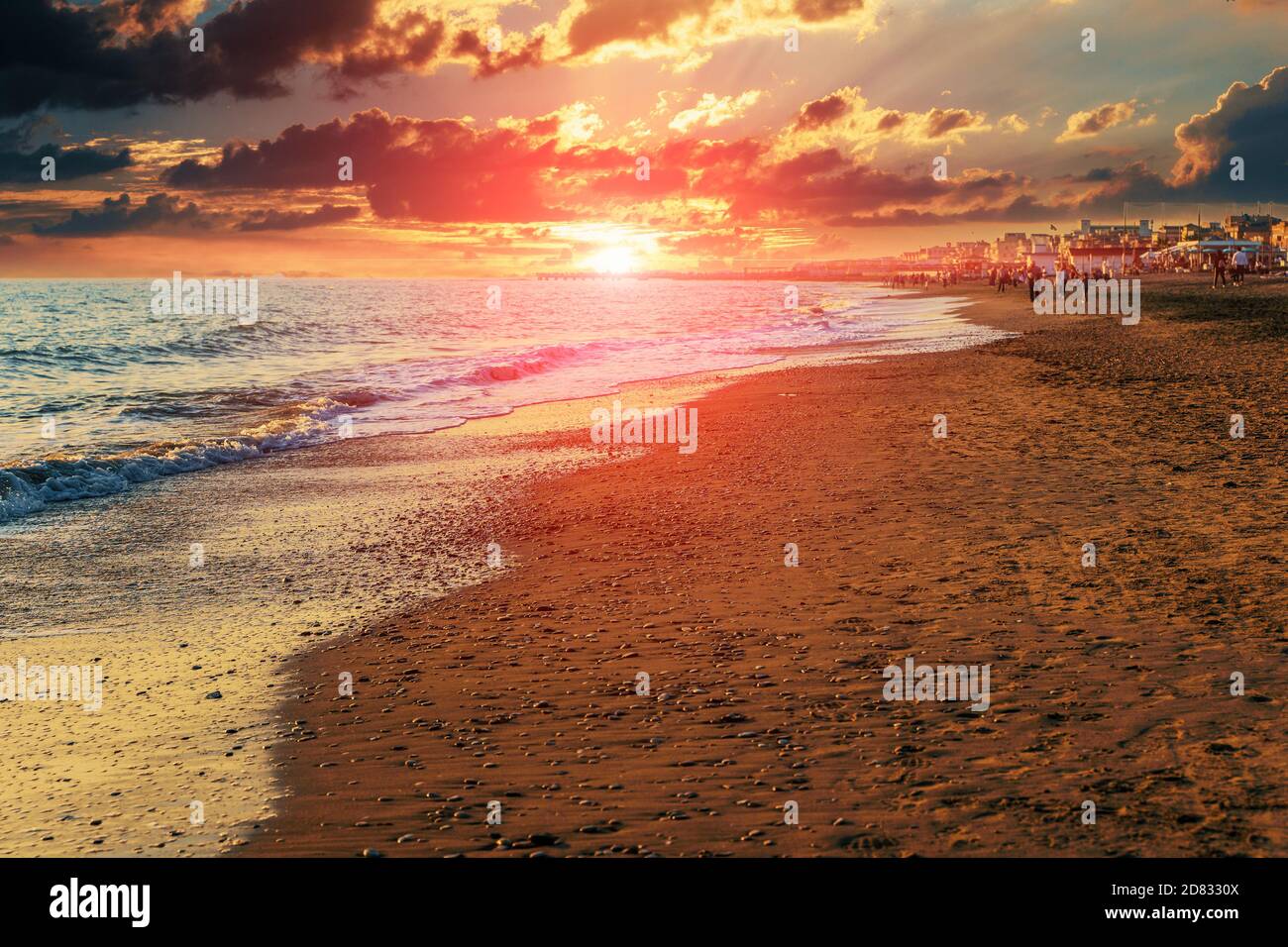 Twilight sea sunset landscape. Mediterranean sand beach of Italian Lido ...