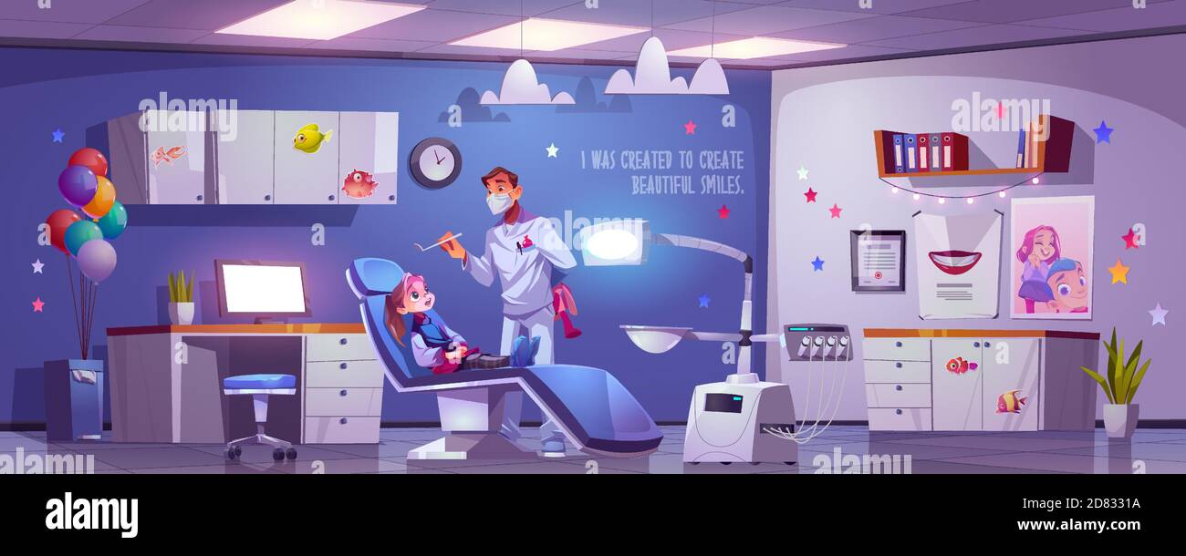 Dental room for kids with girl sitting in chair and doctor. Vector ...