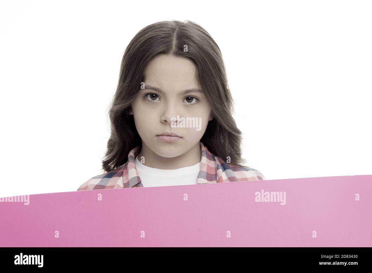 Girl blank surface copy space. Advertisement concept. Child cute girl ...