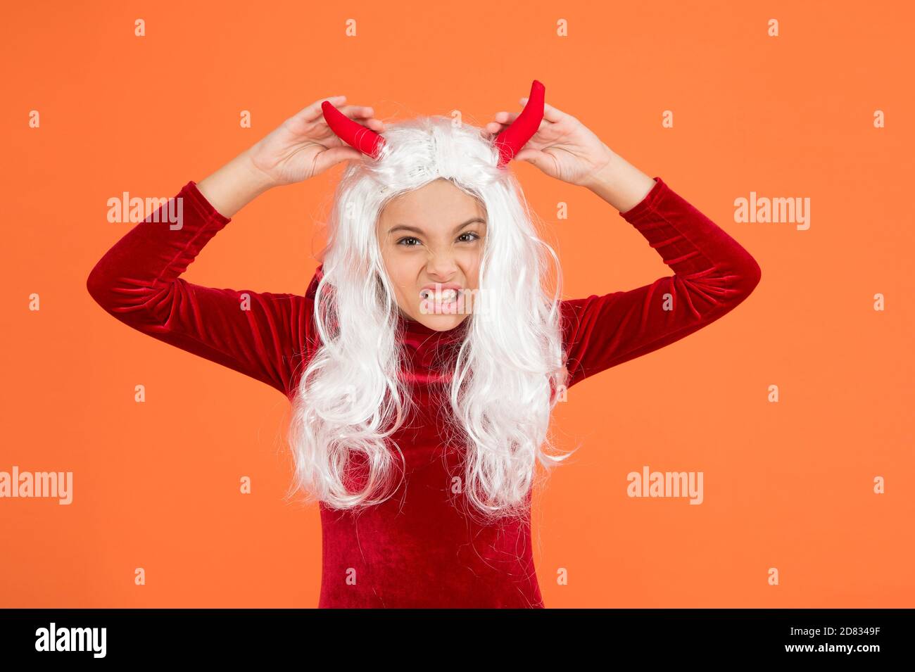 halloween angry devil girl in imp horns has white hair play trick or ...