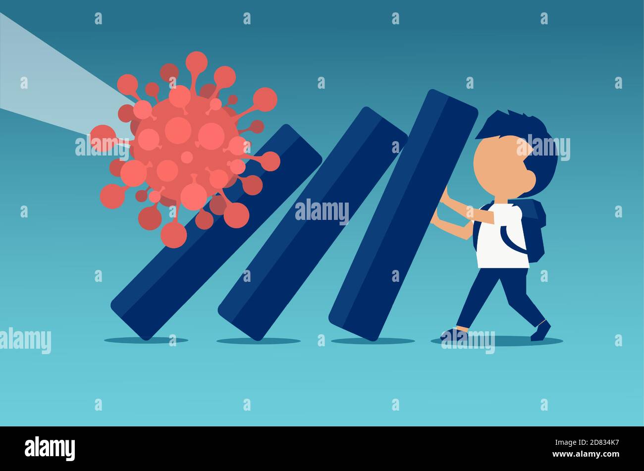 Vector of a school boy trying to stop domino effect provoked by ...