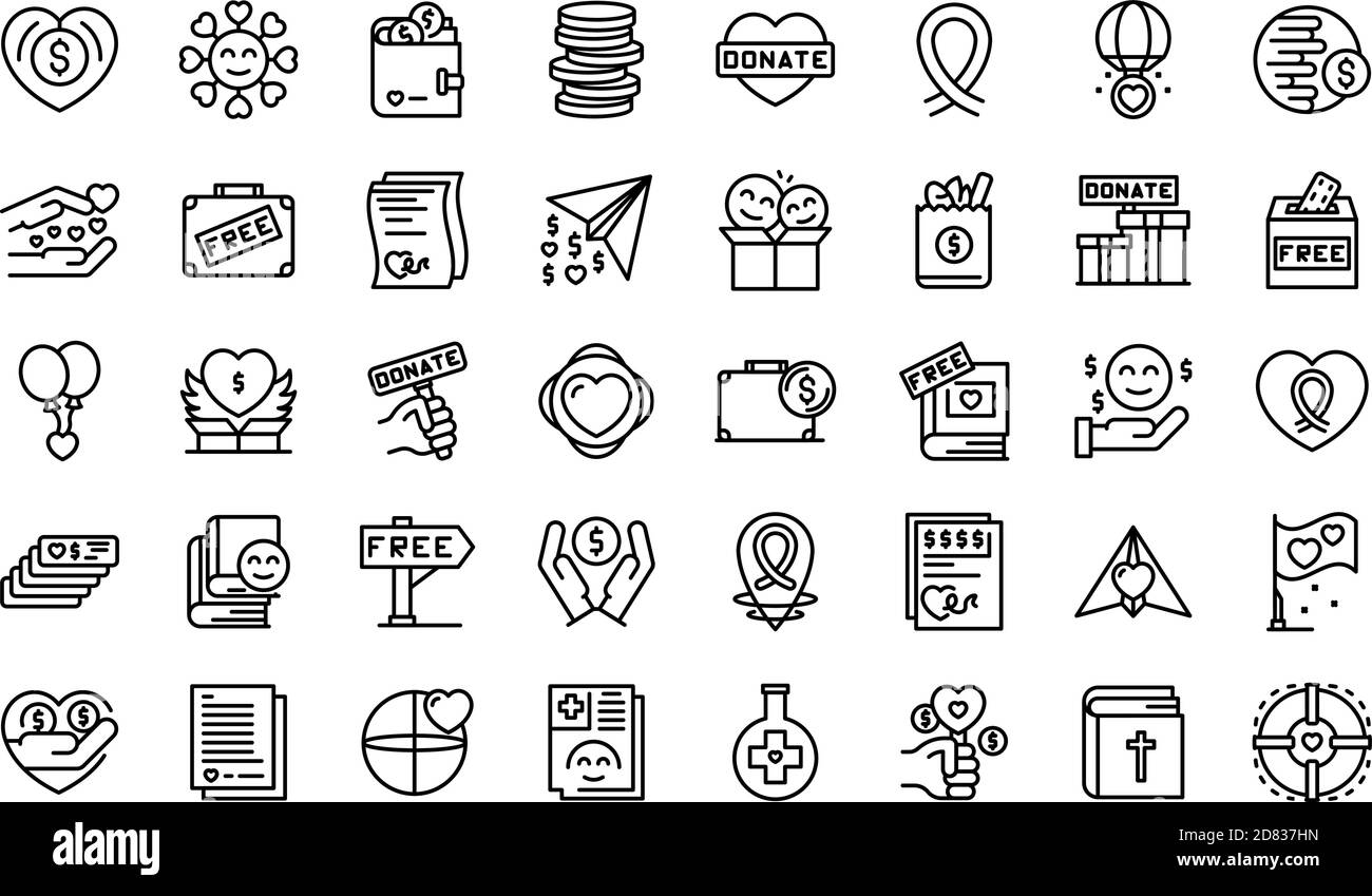 Charitable giving icons set. Outline set of charitable giving vector ...