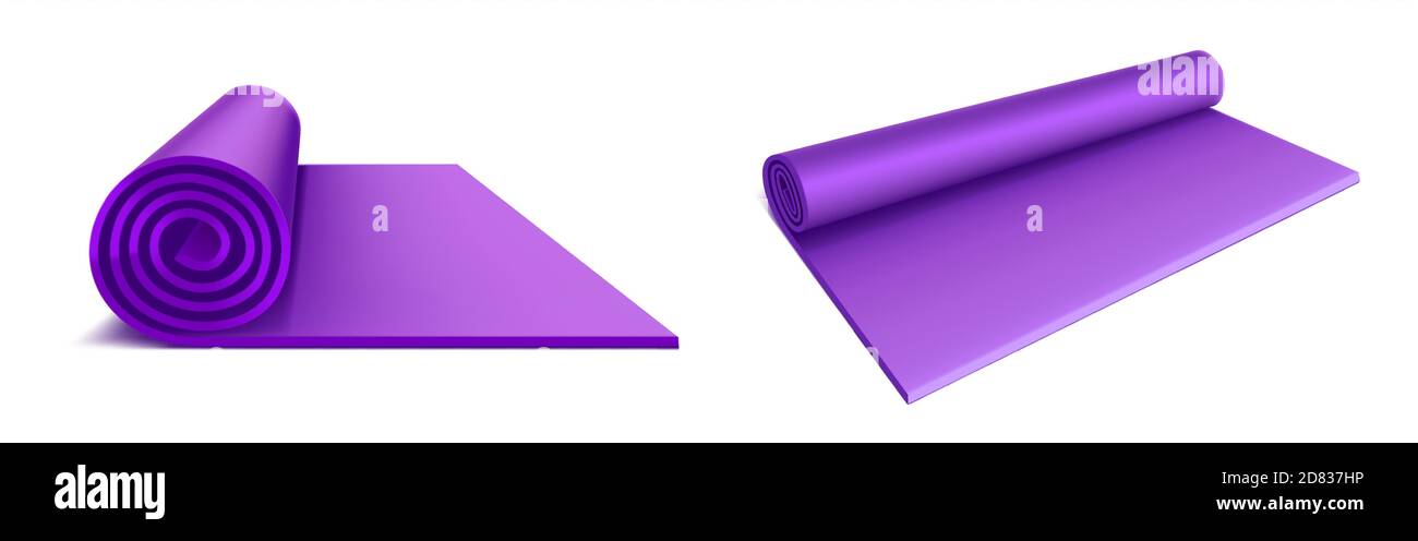 Yoga mat top and side view, purple rolled mattress for fitness ...