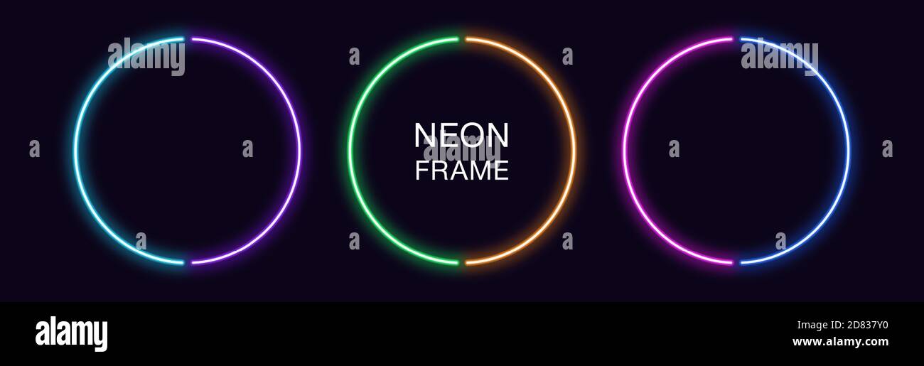 Neon circle Frame. Set of round neon Border in 2 outline parts ...