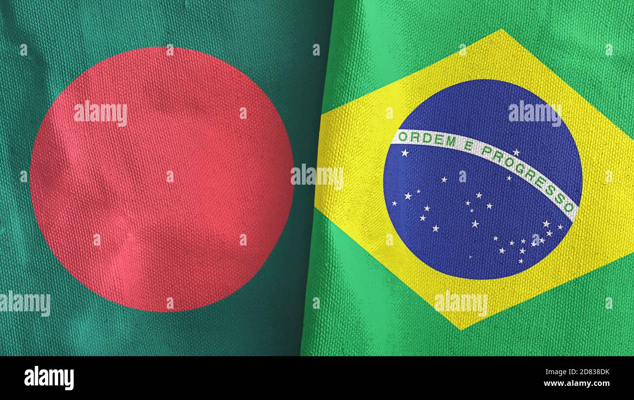 Brazil And Bangladesh Two Flags Textile Cloth 3D Rendering Stock Photo brazil-and-bangladesh-two-flags-textile-cloth-3d-rendering-stock-photo