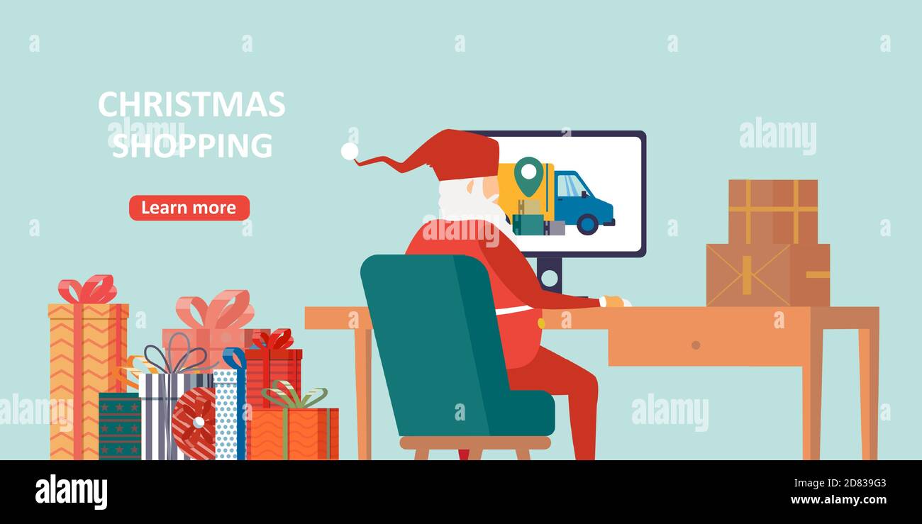 Vector of a Santa Claus sitting at desk with desktop computer ...