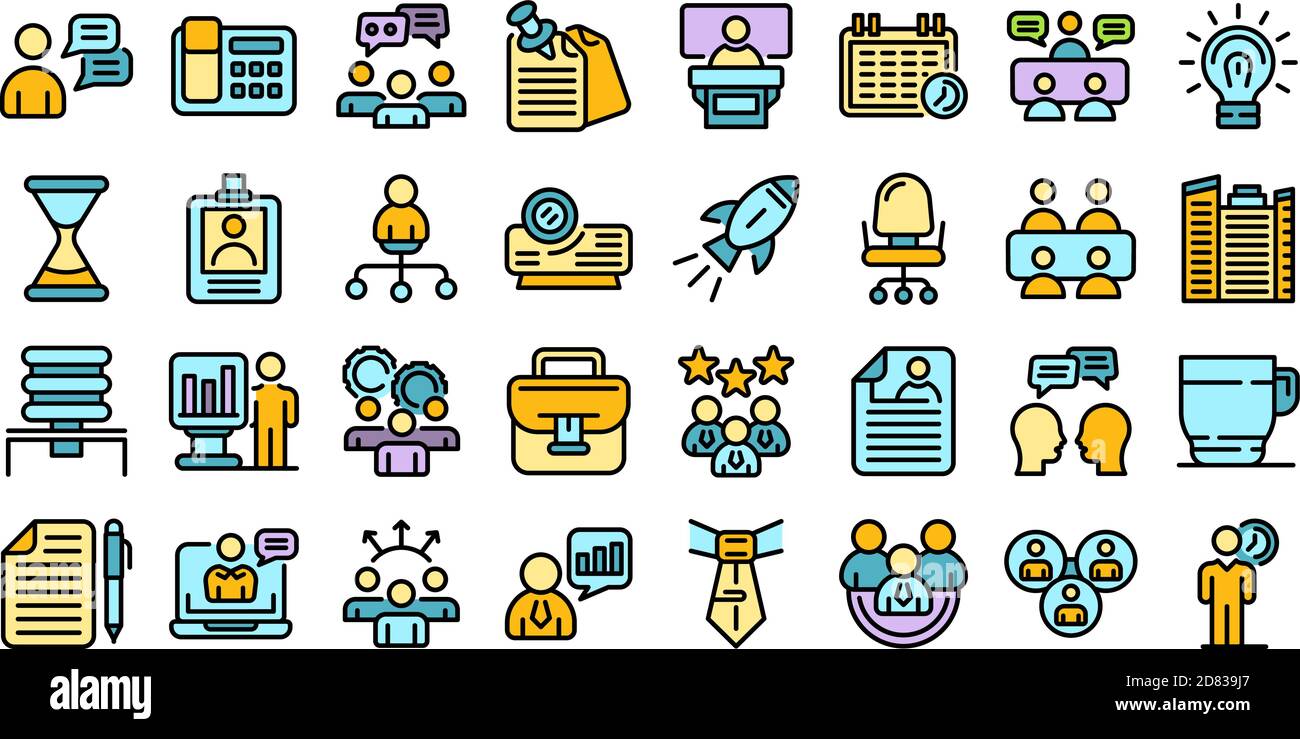 Meeting icons set. Outline set of meeting vector icons thin line color ...