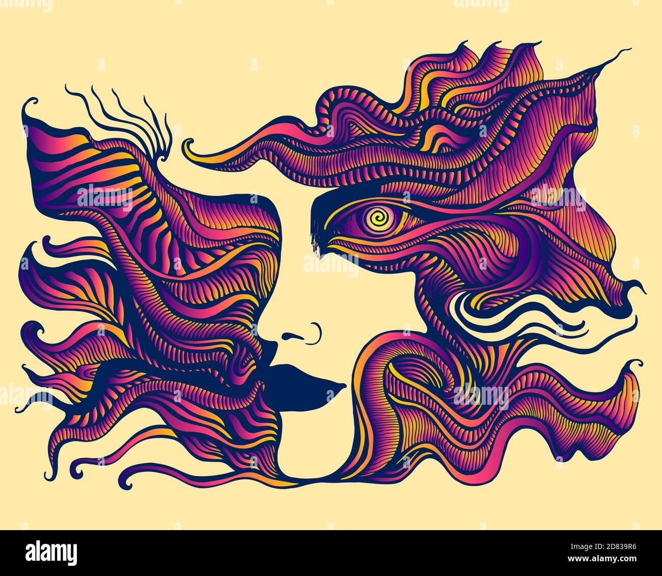 Mystical surreal psychedelic stylized anthropomorphic face with spiral ...