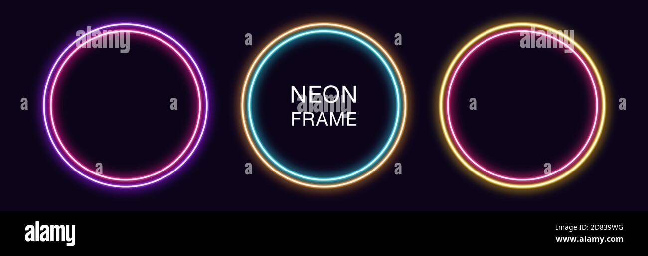 Neon circle Frame. Set of round neon Border with double outline ...