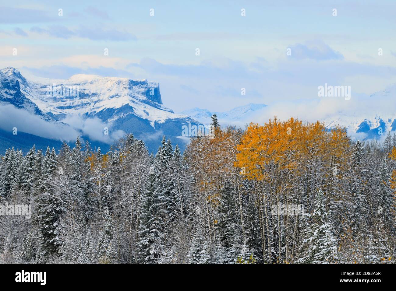 A landscape image of the first snowfall of the season on the rocky ...