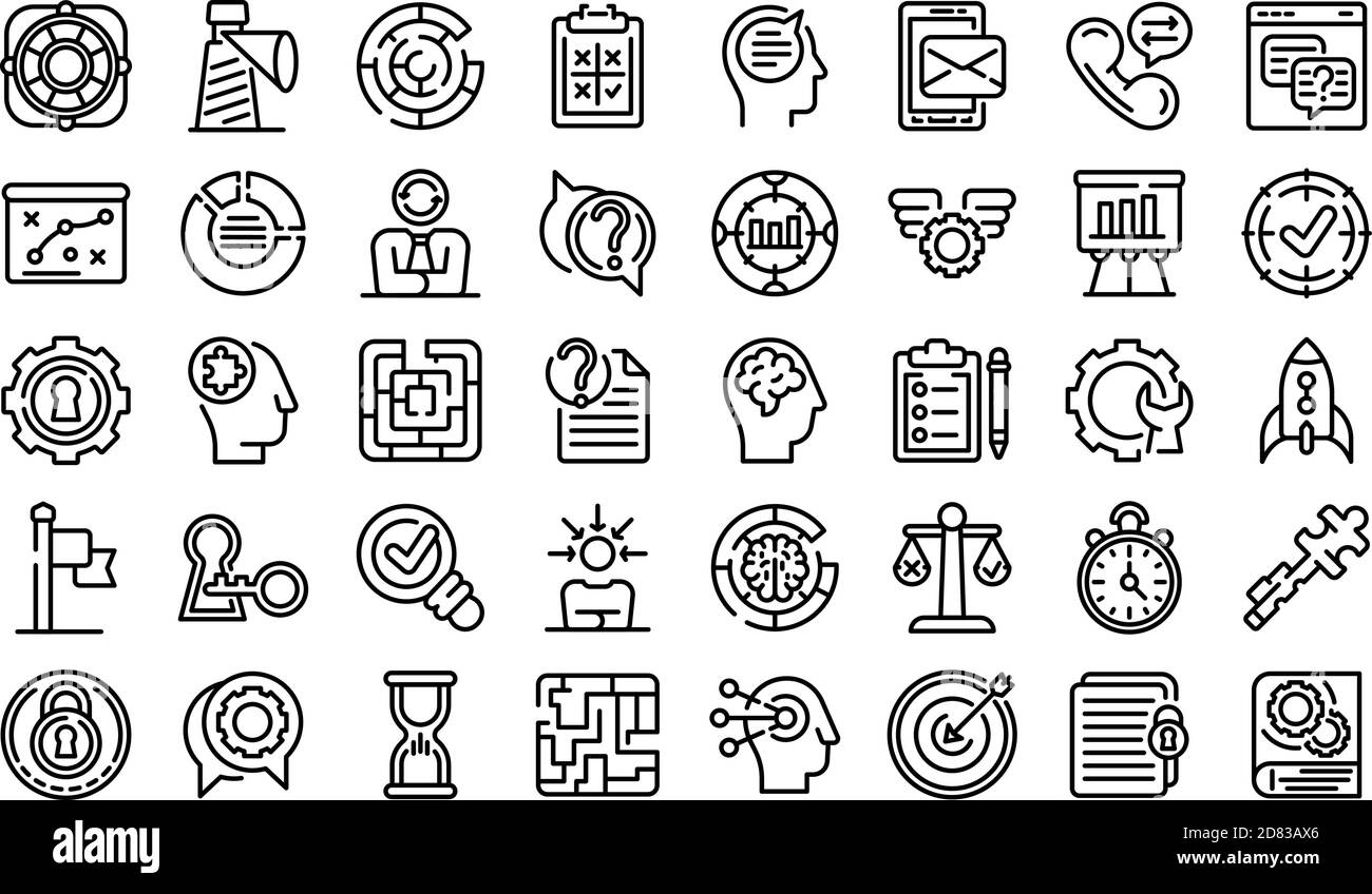 Problem solving icons set. Outline set of problem solving vector icons ...