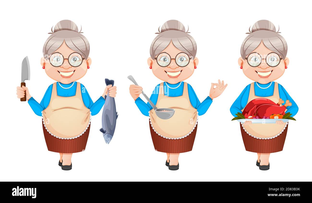Grandma cartoon character, set of three poses. 8 March, Happy ...