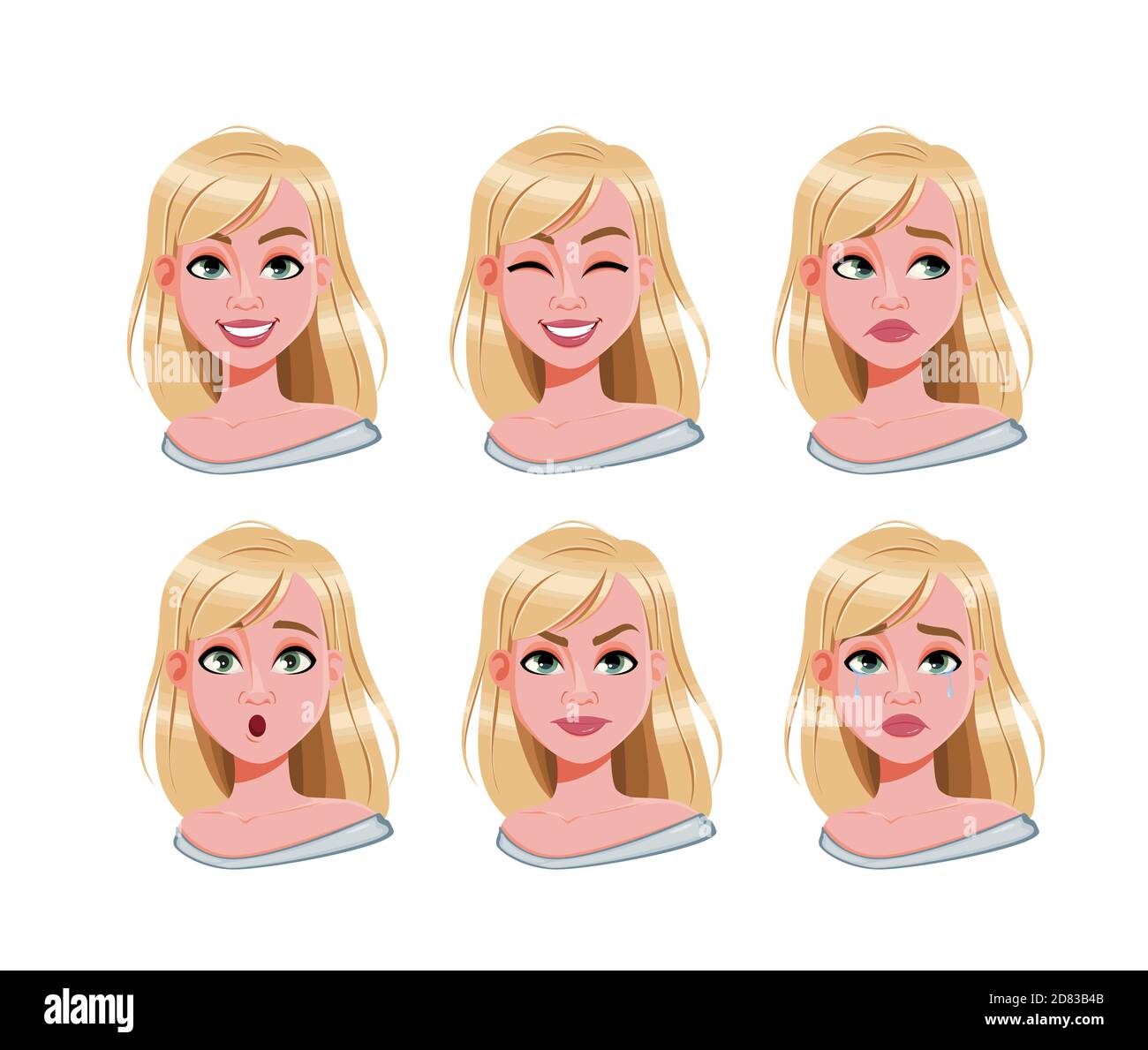 Face expressions of pretty blond woman. Different female emotions set ...