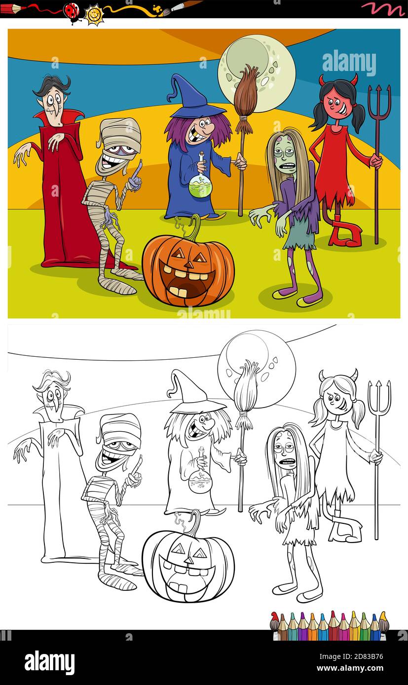 Cartoon illustration of spooky characters group on Halloween time ...