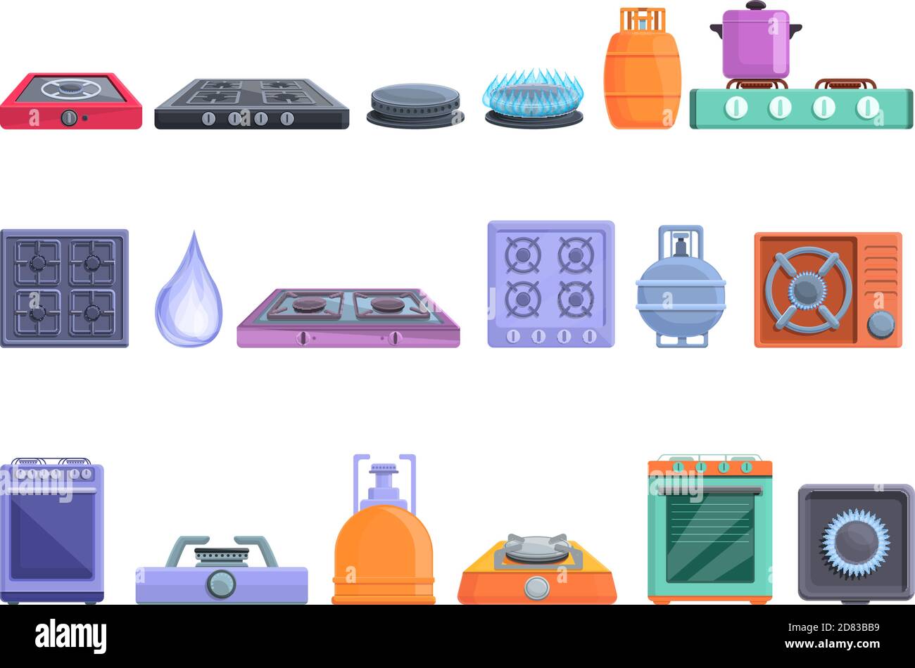 Burning gas stove icons set. Cartoon set of burning gas stove vector ...