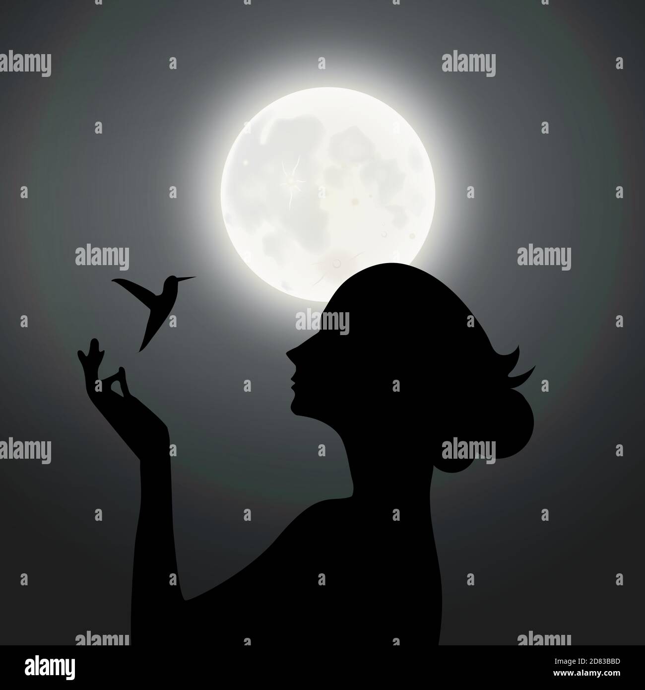 A Beautiful Girl And Her Hummingbird Friend, Moonlight Stock Vector ...
