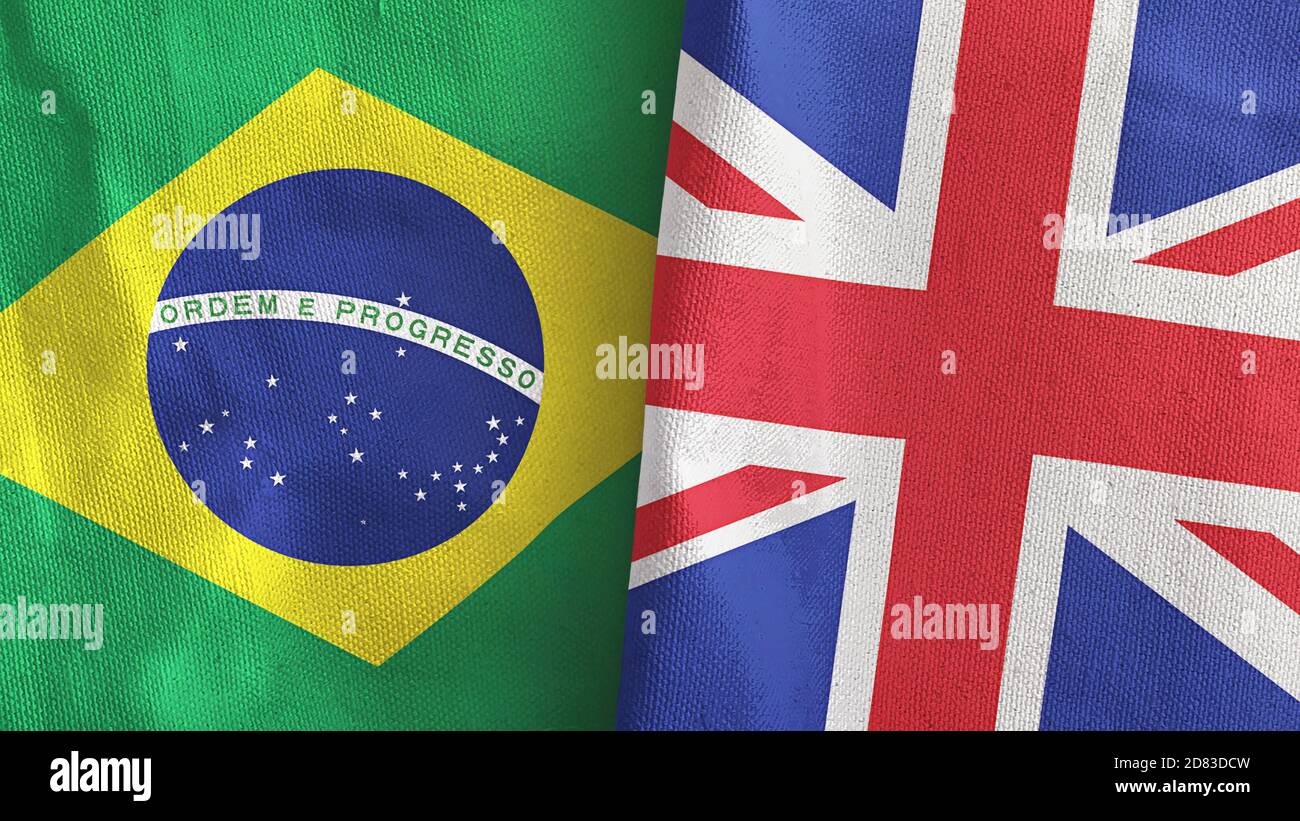 United Kingdom and Brazil two flags textile cloth 3D rendering Stock ...