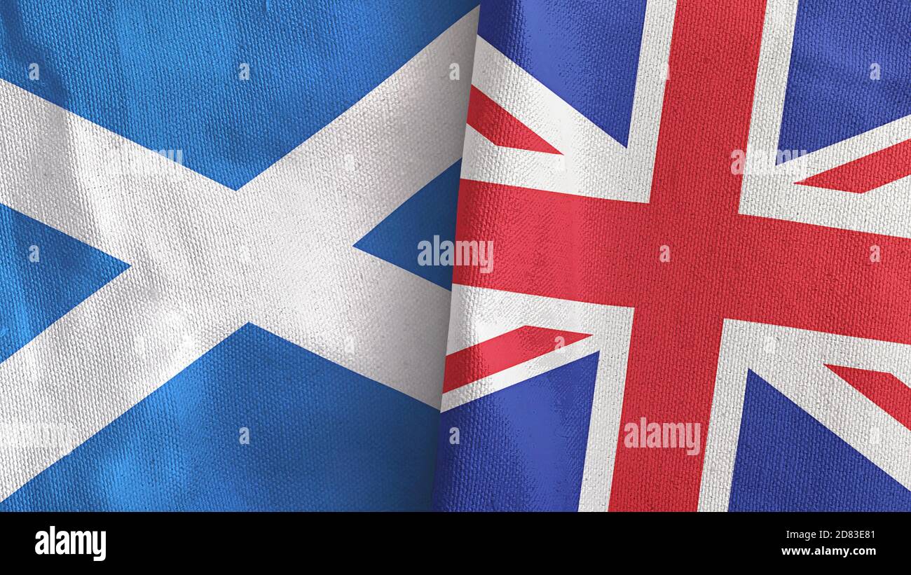 United Kingdom and Scotland two flags textile cloth 3D rendering Stock ...