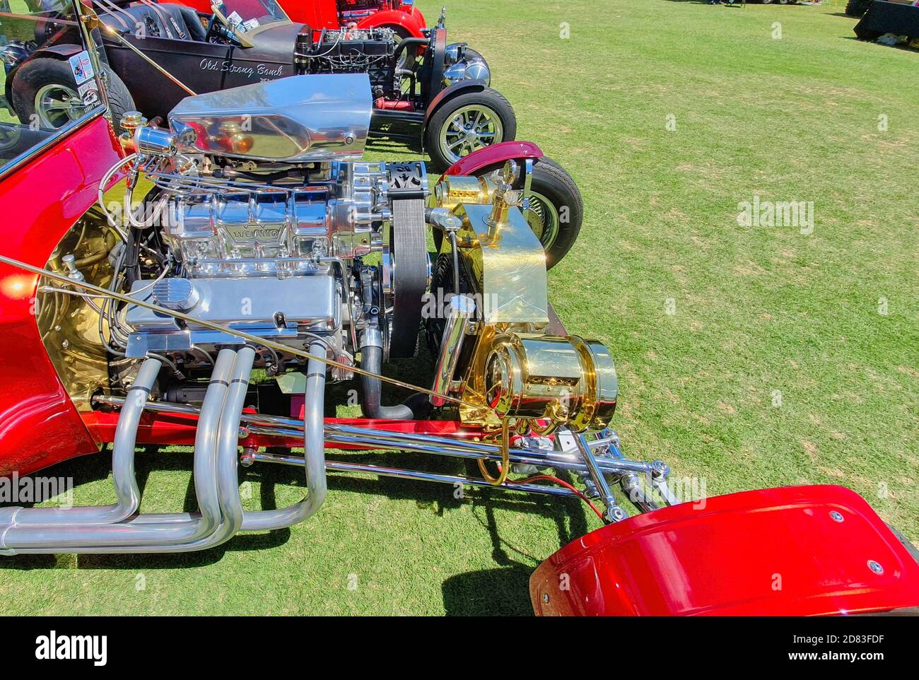The engine of a red open wheel hot rod at the Lake Mulwala Rod Run at ...