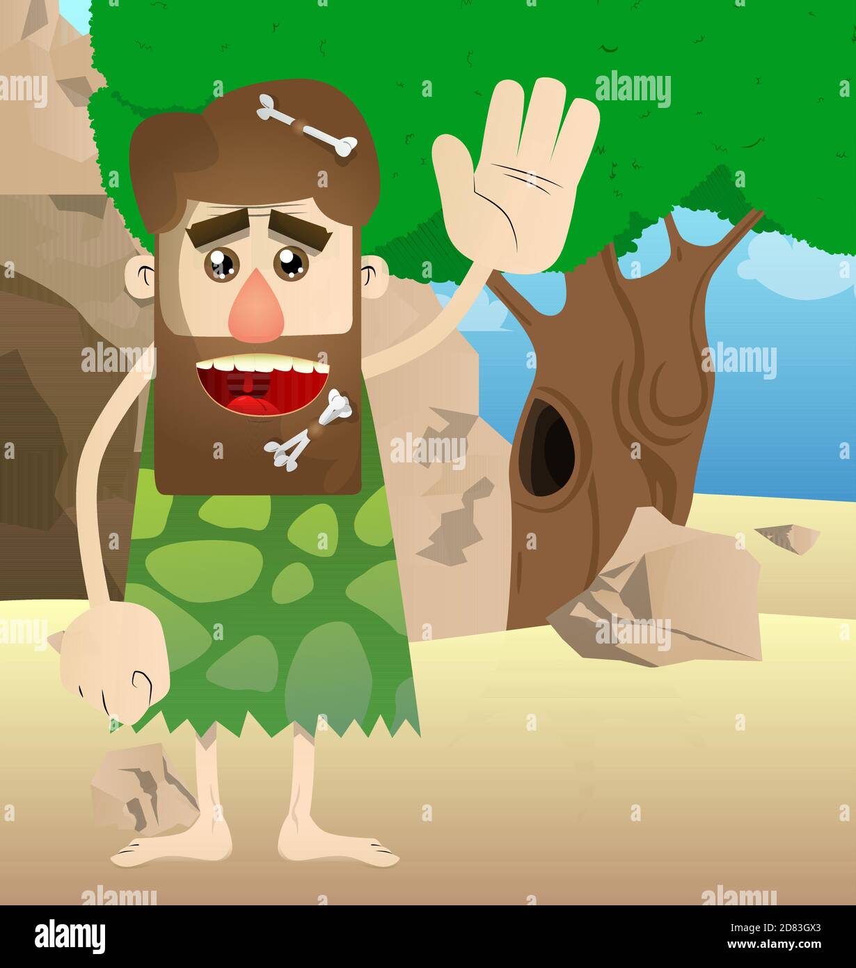 Cartoon caveman with waving hand. Vector illustration of a man from the ...
