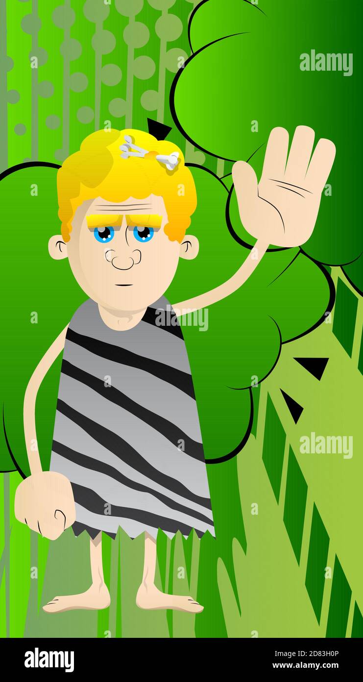 Cartoon caveman with waving hand. Vector illustration of a man from the ...