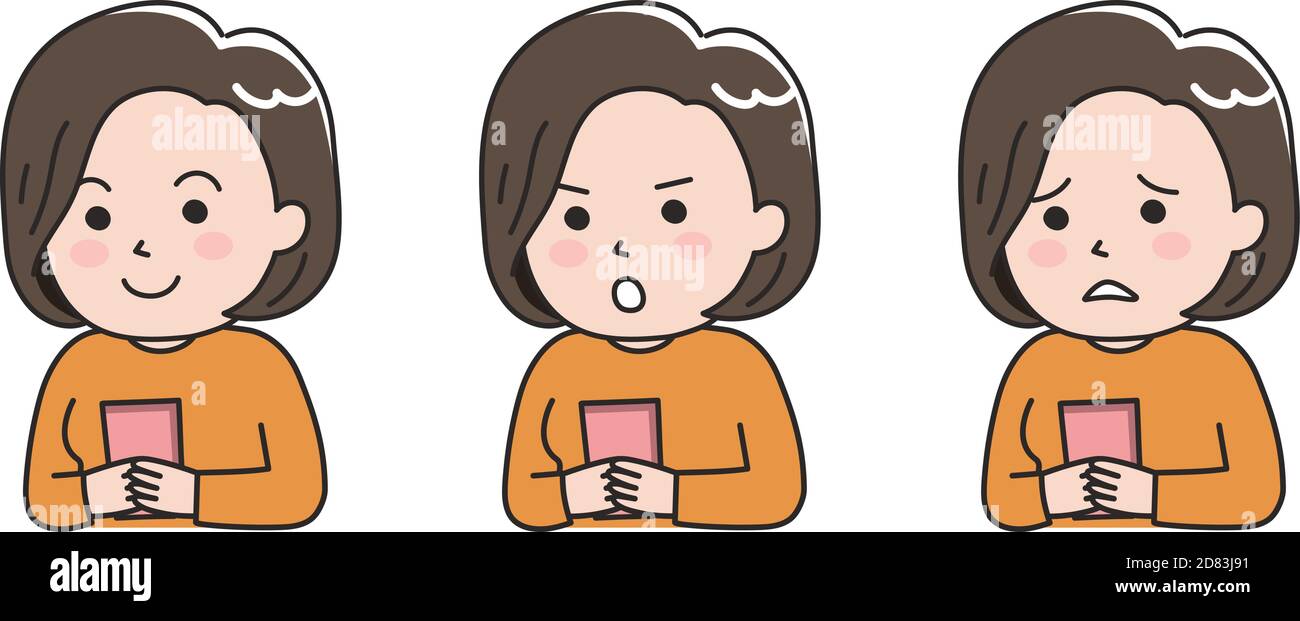 Different expressions of woman using a smartphone. Vector illustration ...