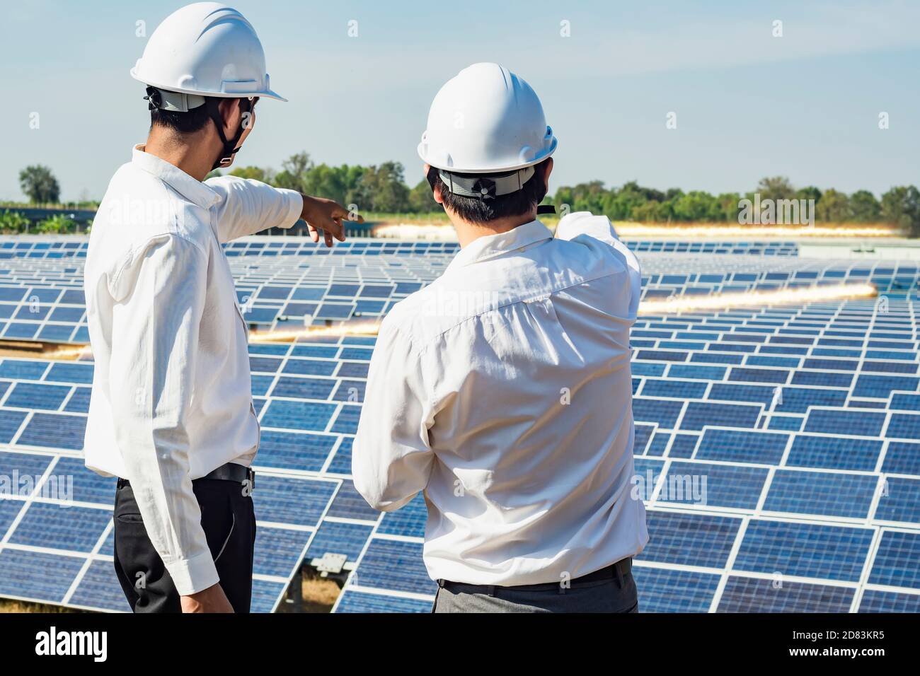 The solar farm(solar panel) with two engineers are talk about the ...