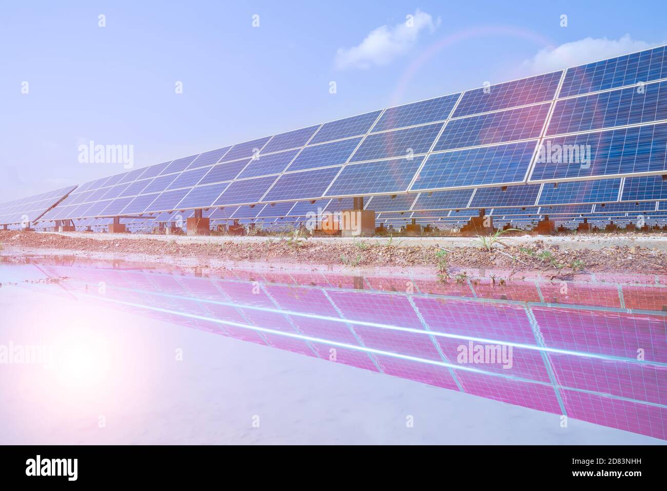 Solar plant(solar cell) with sun reflect in water, hight temp causes ...