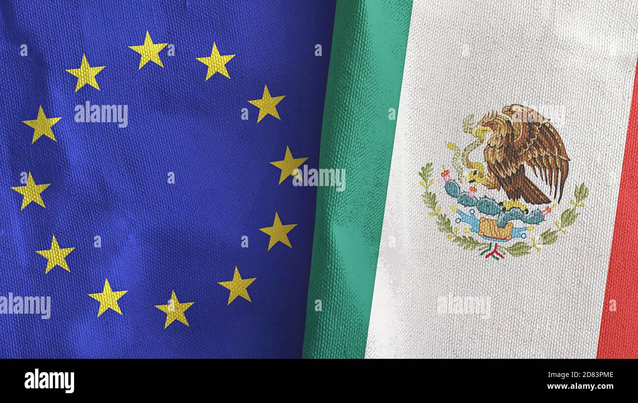 Mexico and European Union two flags textile cloth 3D rendering Stock ...