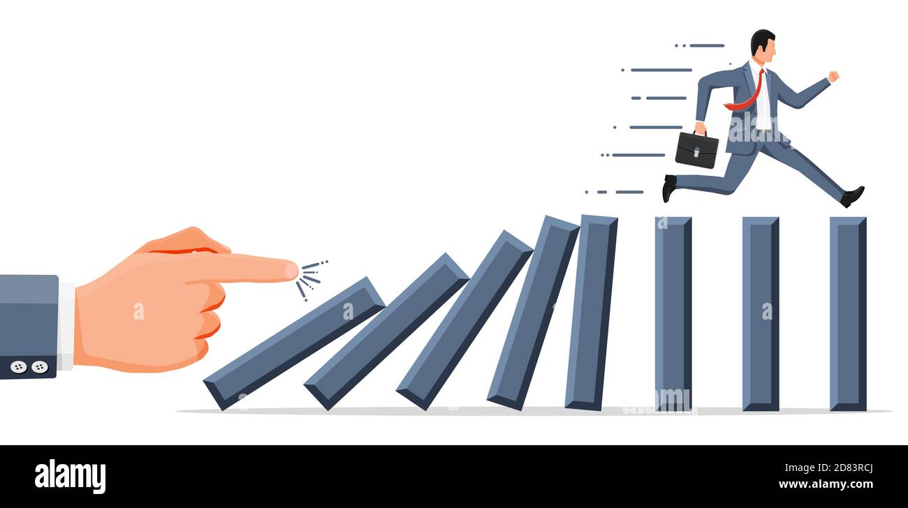 Businessman running away from falling domino. Domino chain reaction ...
