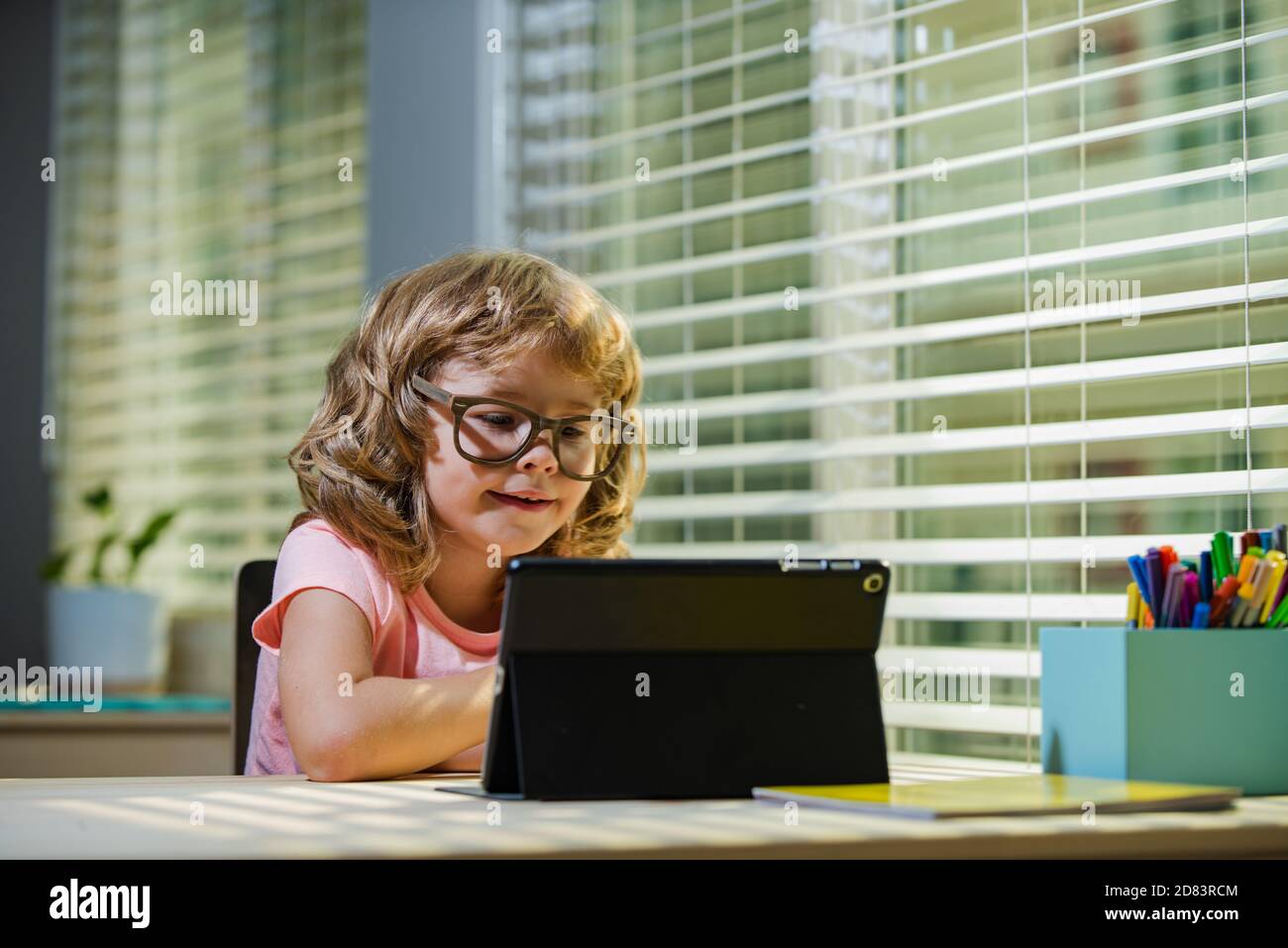 Child in virtual class. School at home. Homeschool little boy student ...