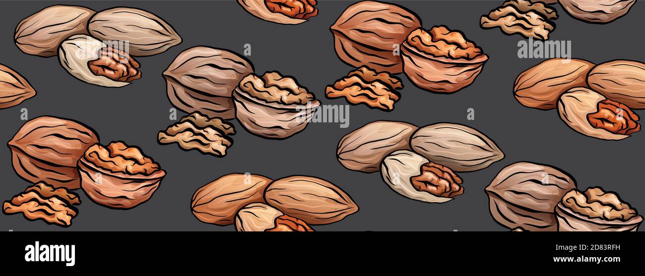 Seamless texture with colored cartoon nuts on gray background. Walnut ...
