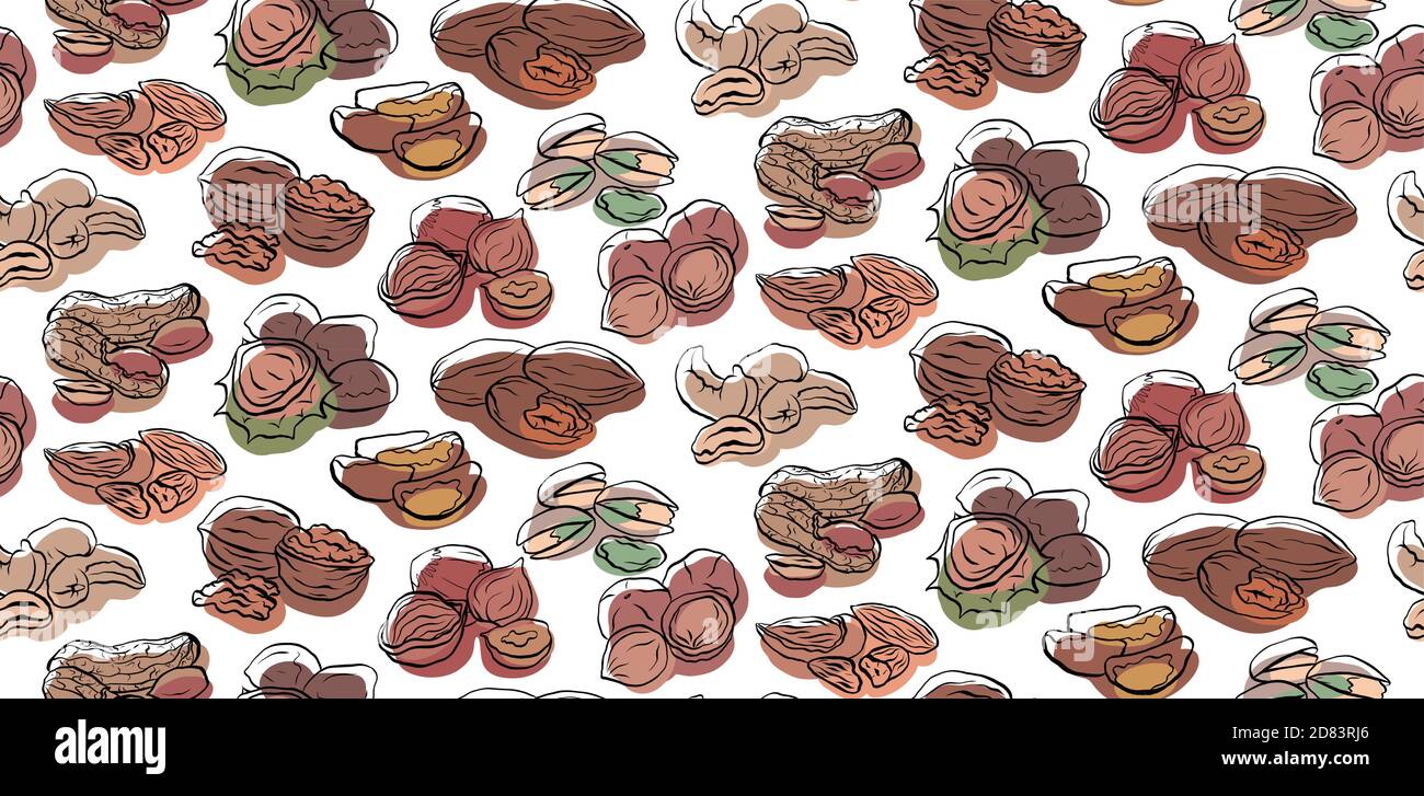 Seamless pattern with contour drawings of various types of nuts with ...