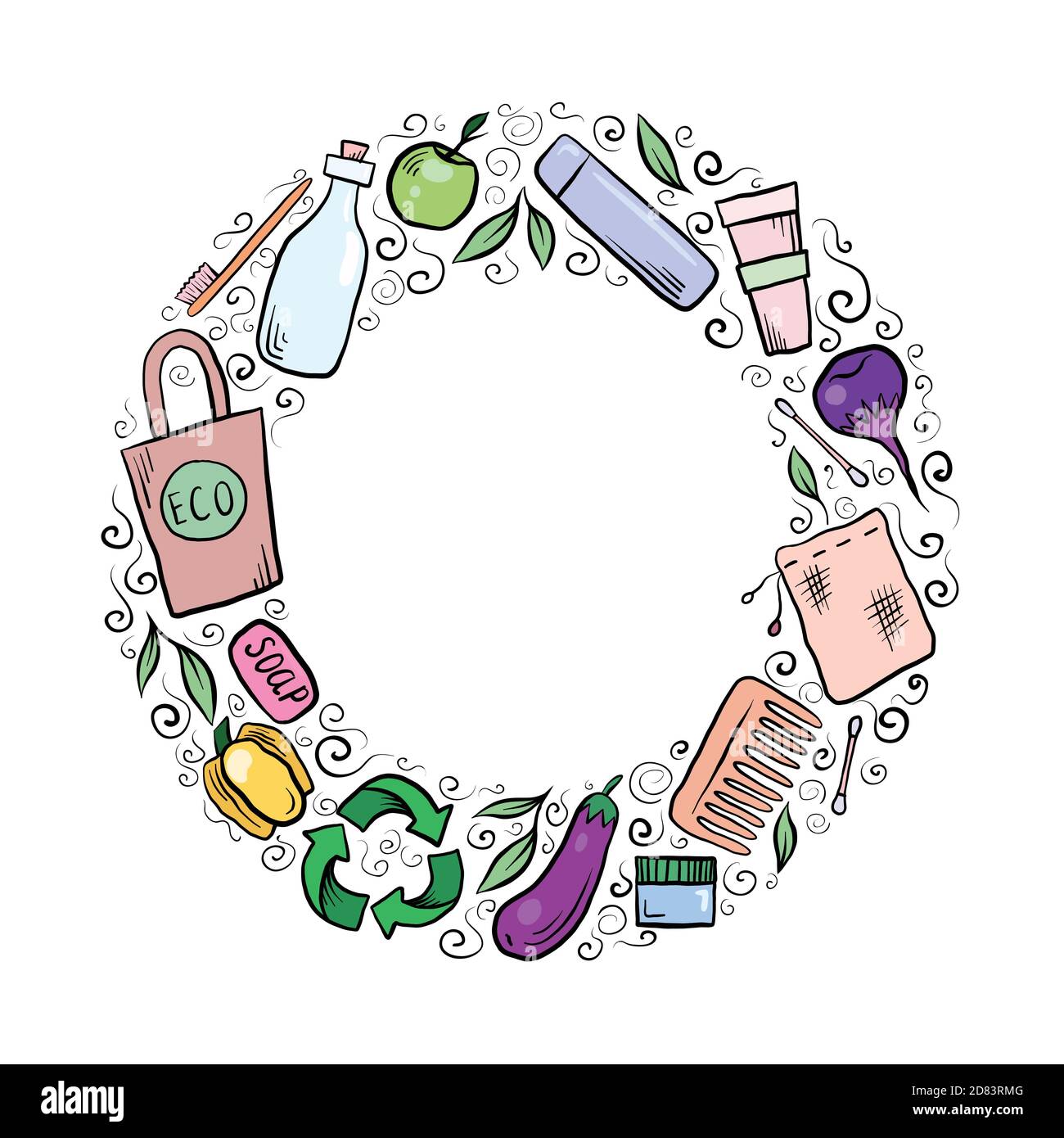 Round frame with hand drawn Zero Waste objects. The object is separate ...