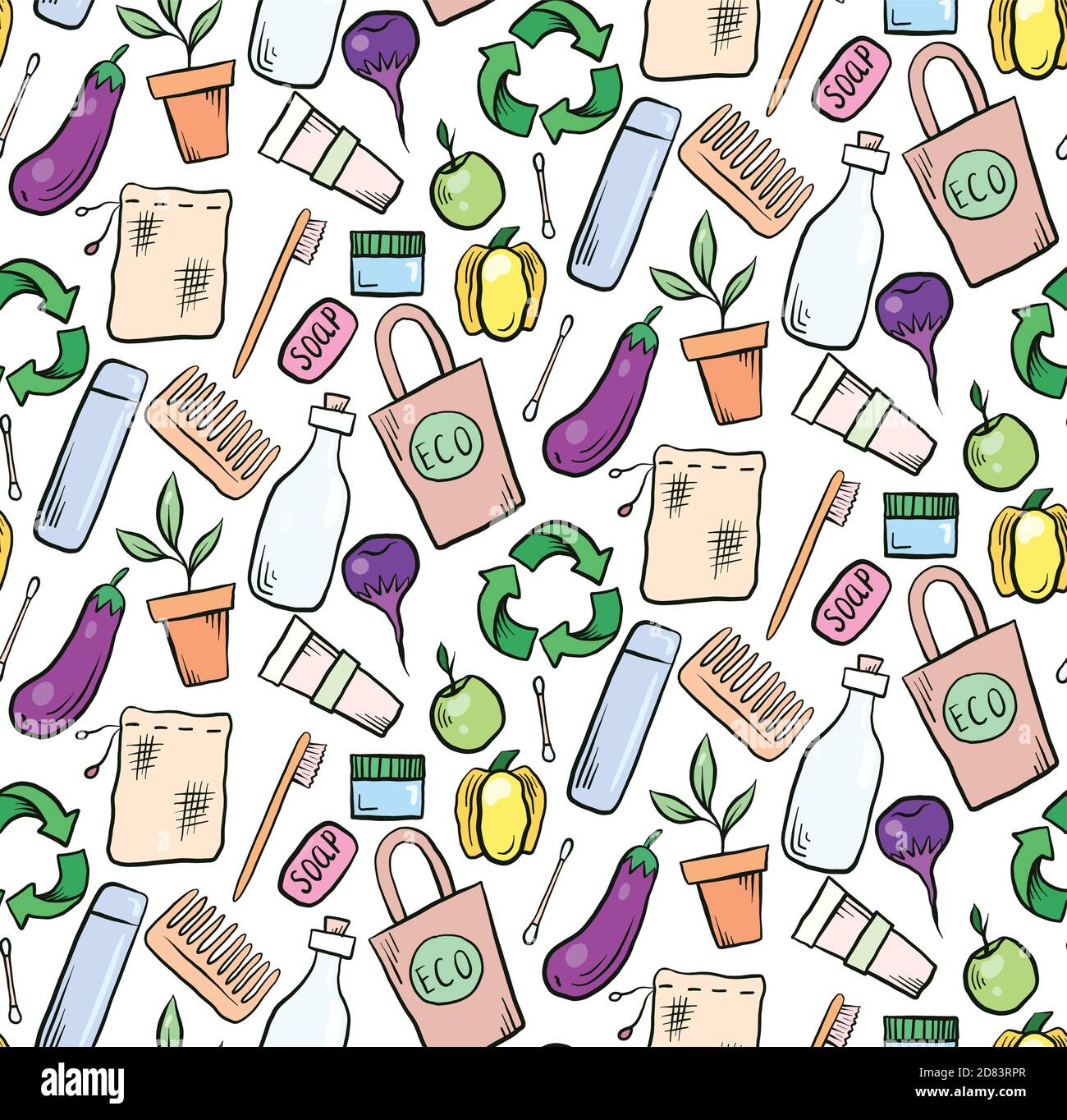 Seamless pattern with hand drawn Zero Waste objects on white background ...