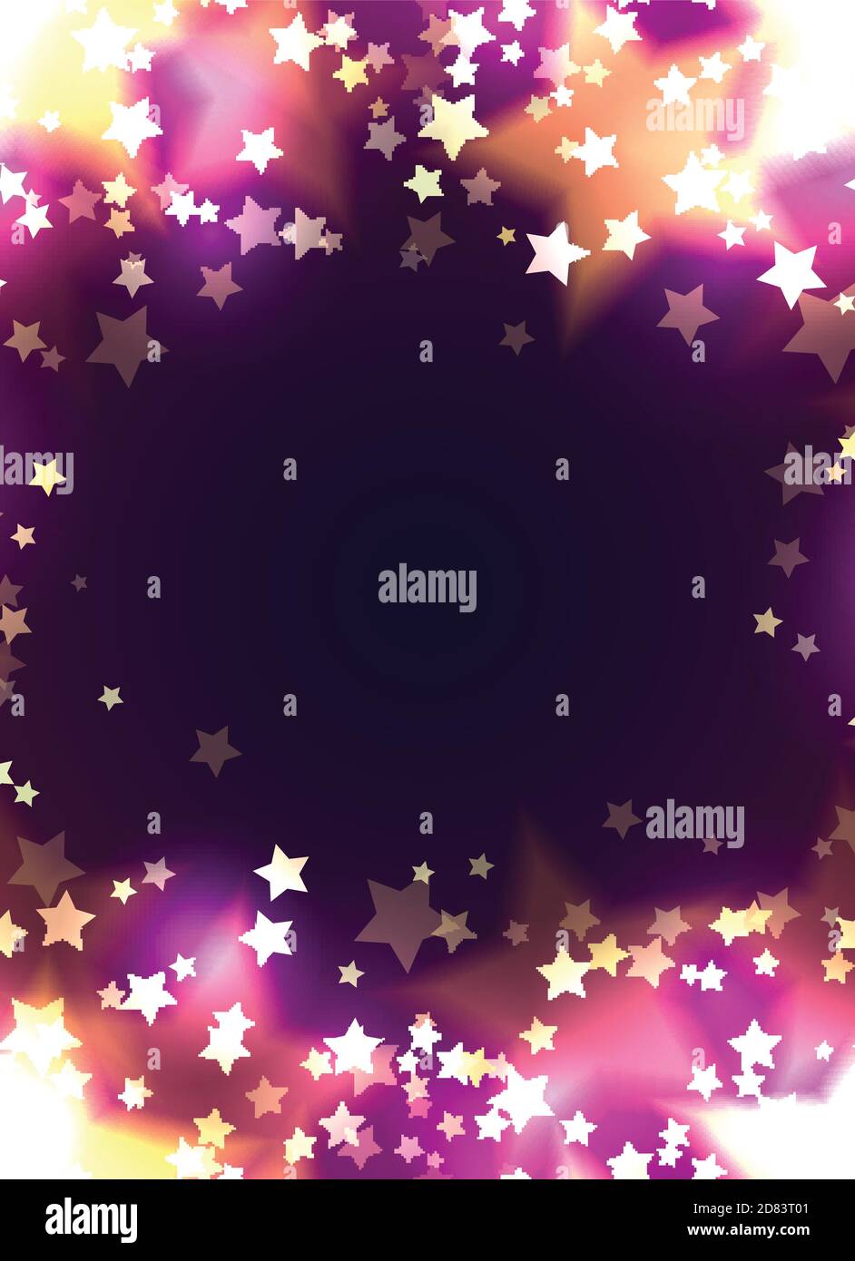 Card template with luxurious gold stars and bokeh on violet background ...