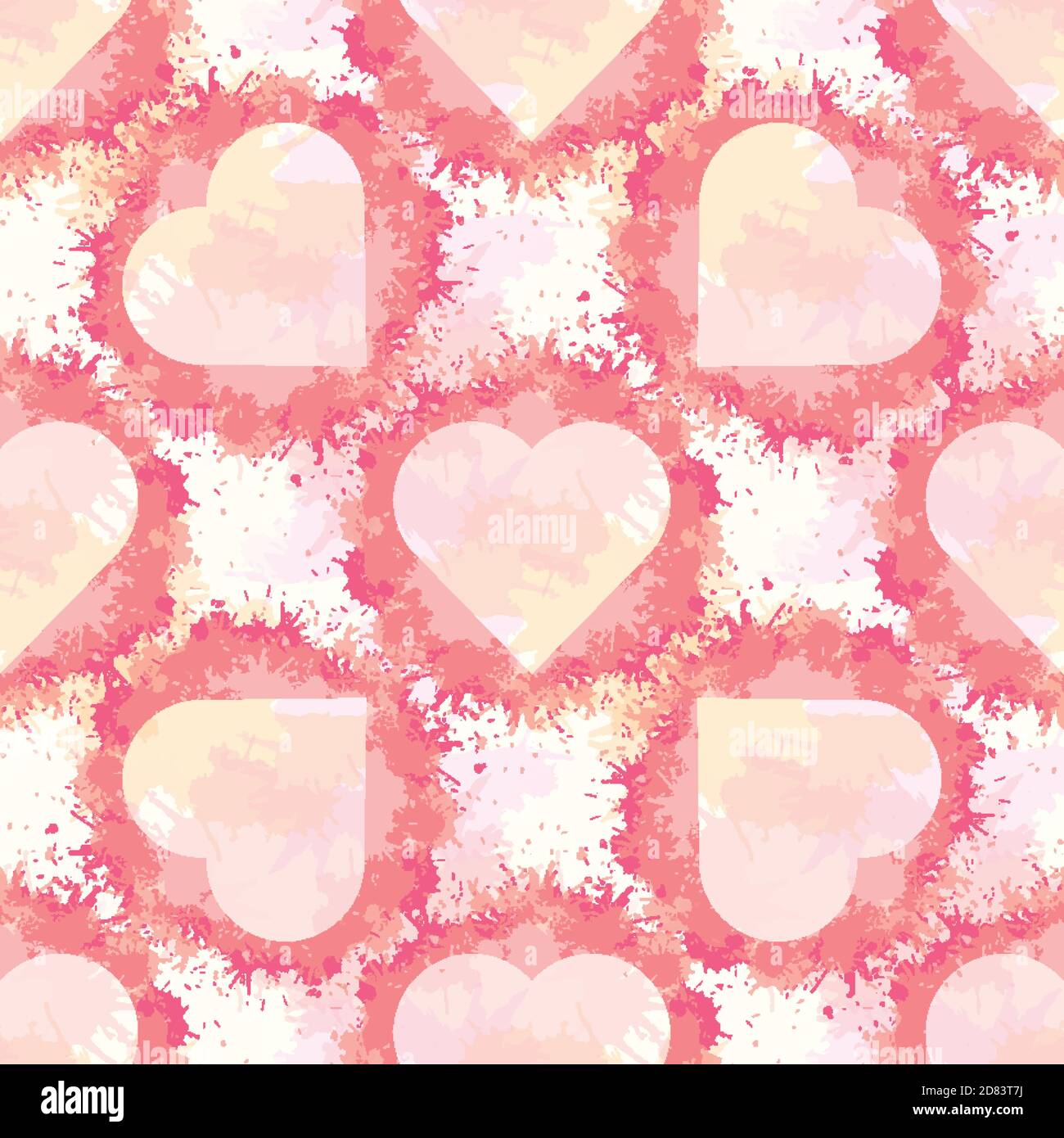 Seamless pattern with hearts and pink watercolor splashes on pink ...