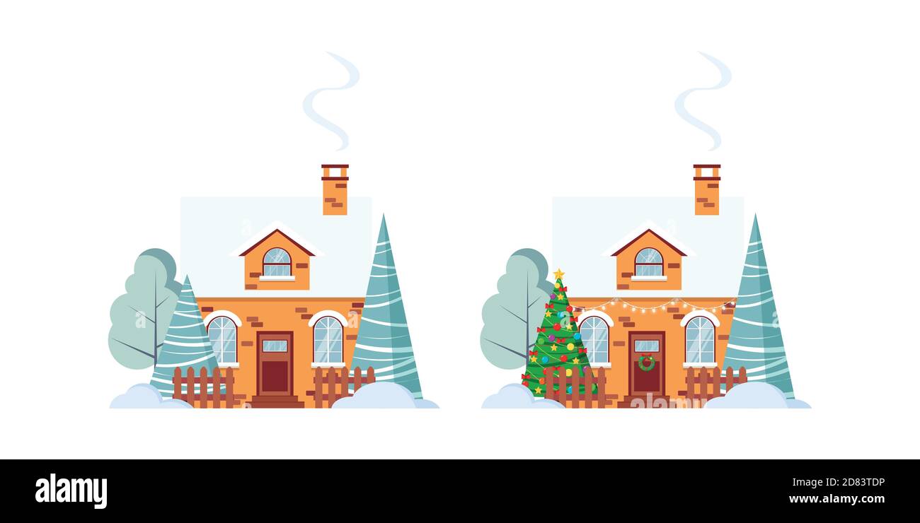 Christmas house decorated and not set isolated on white background ...
