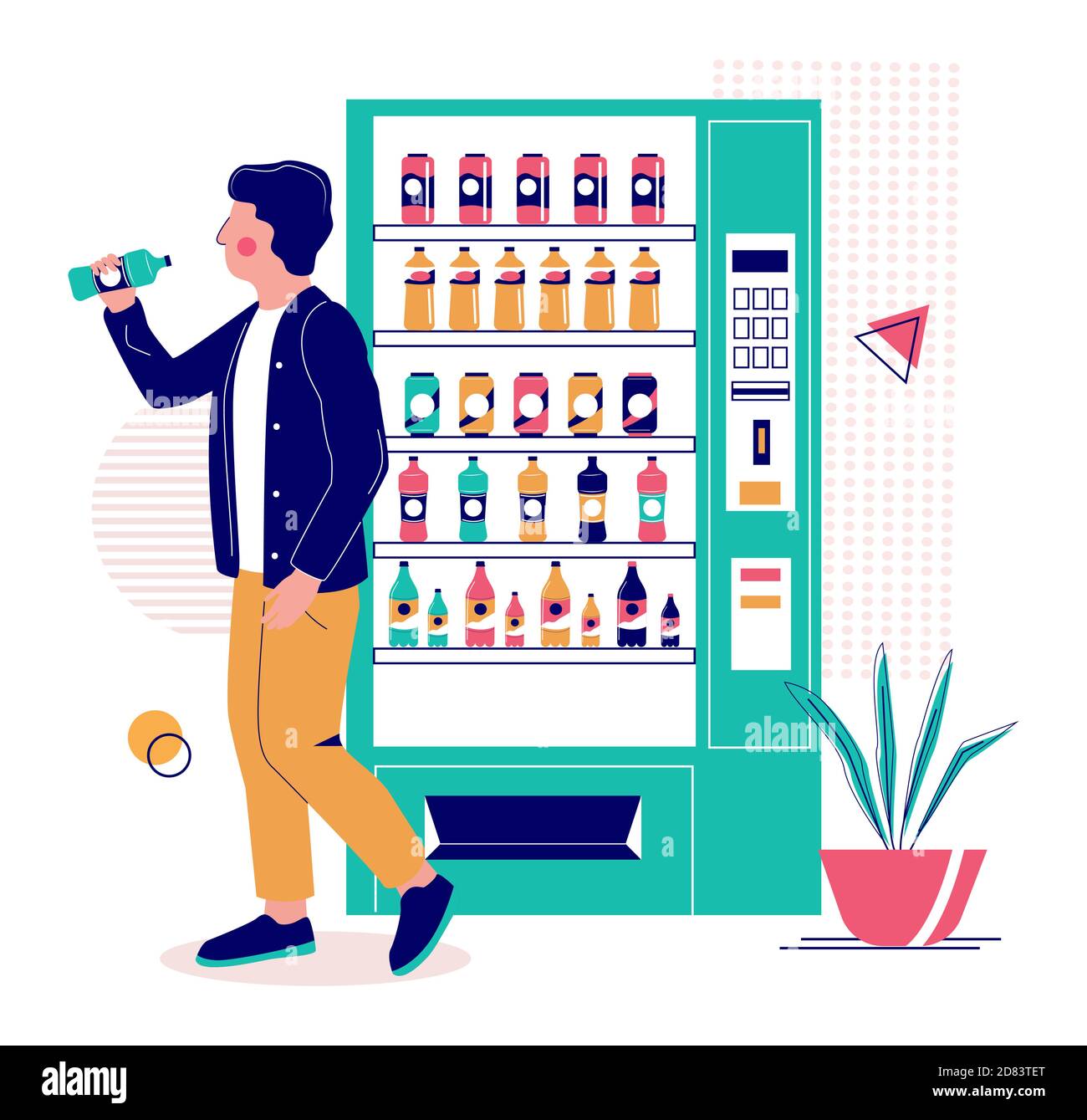 Young man drinking water he has bought from drink vending machine, flat ...