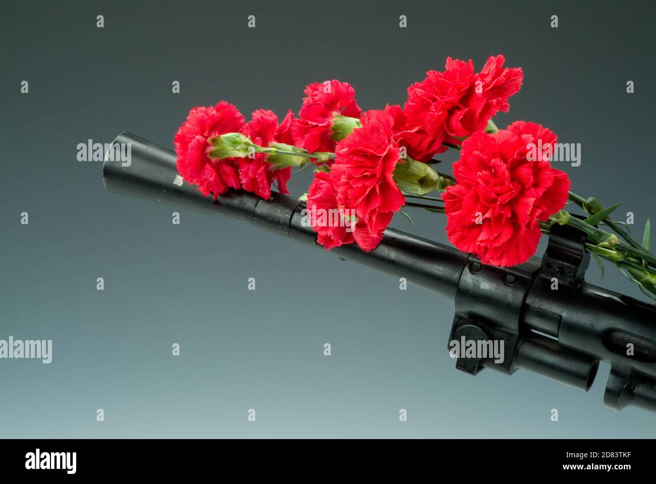 Machine gun and flowers on a studio background Stock Photo - Alamy