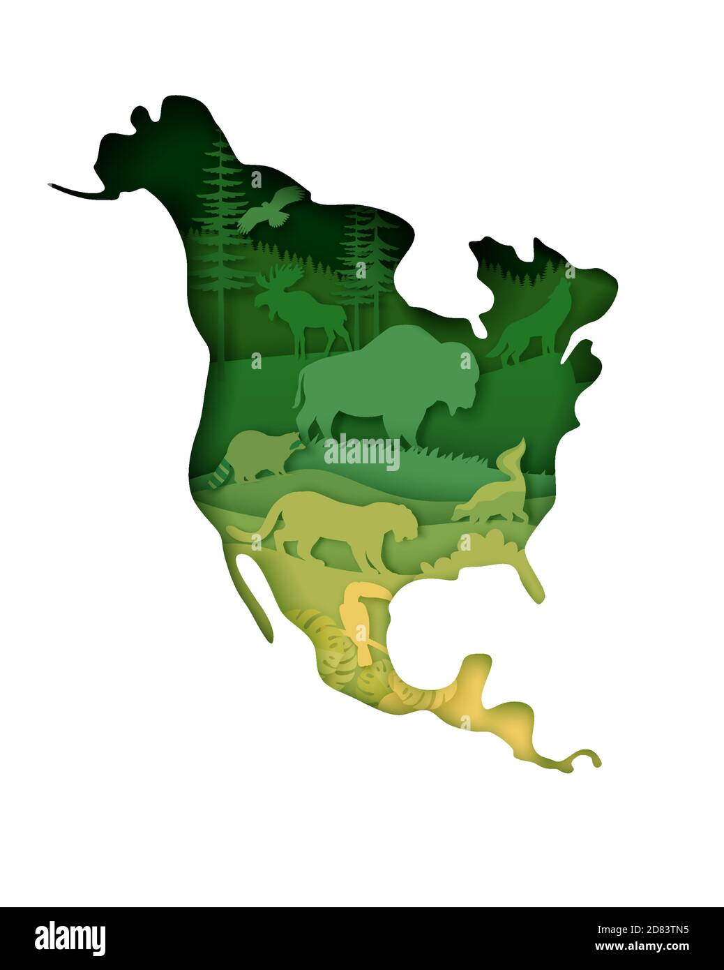 Mainland North America map with wildlife, vector illustration in paper ...