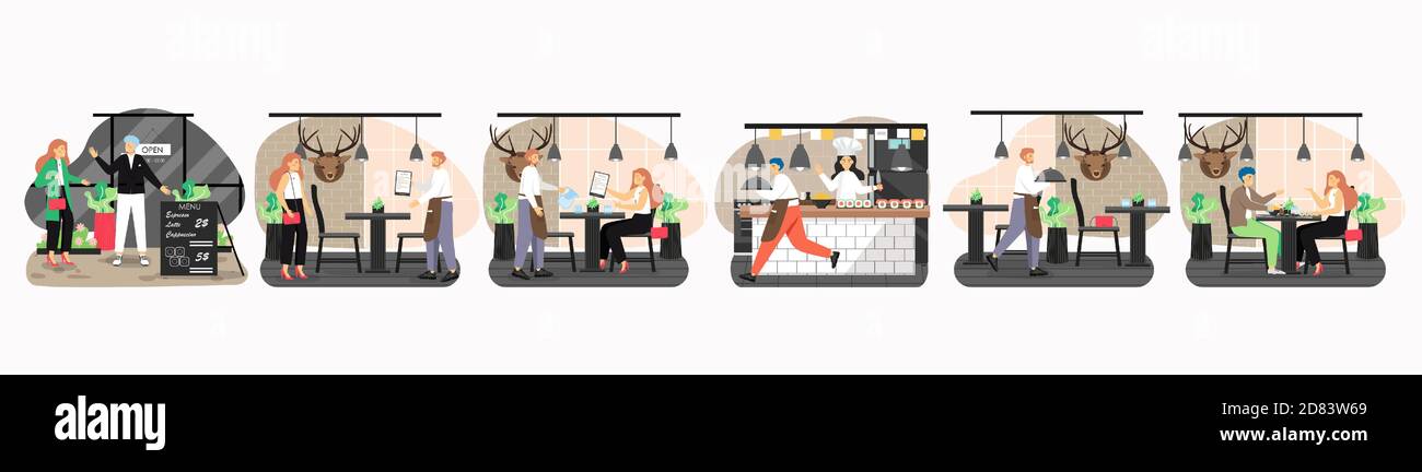 Restaurant scene set, flat vector isolated illustration. Kitchen chef ...