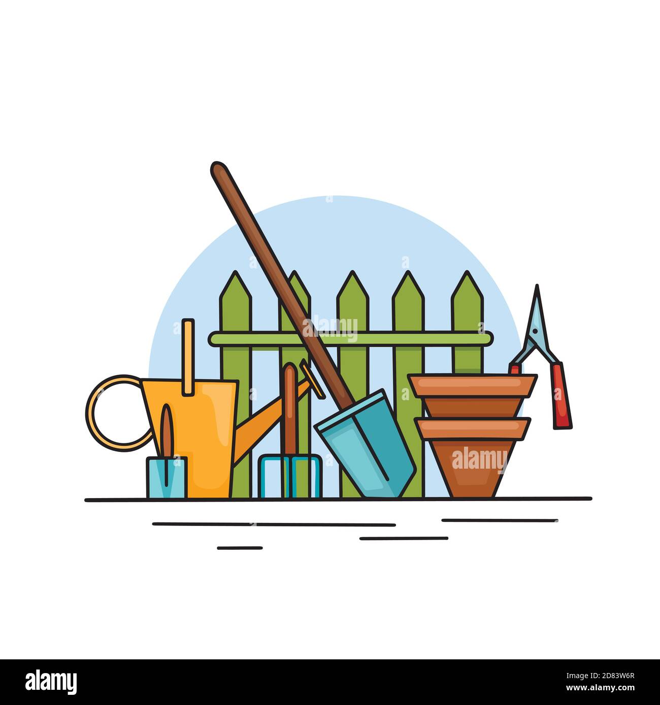 Contour color illustration of gardening tools. Watering can, shovel ...