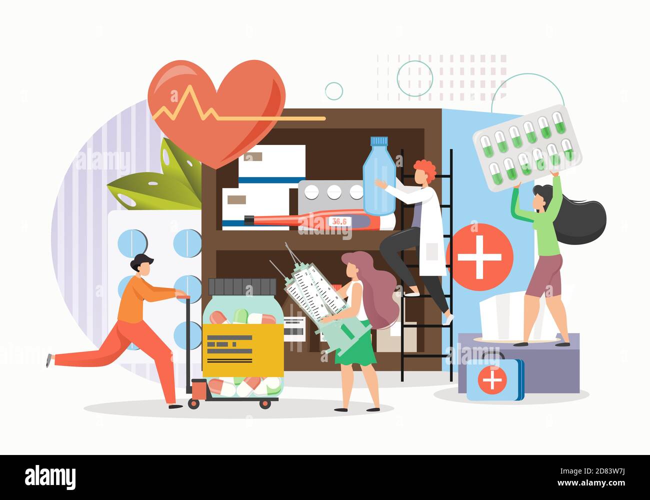 Tiny male and female characters packing giant first aid kit flat vector ...