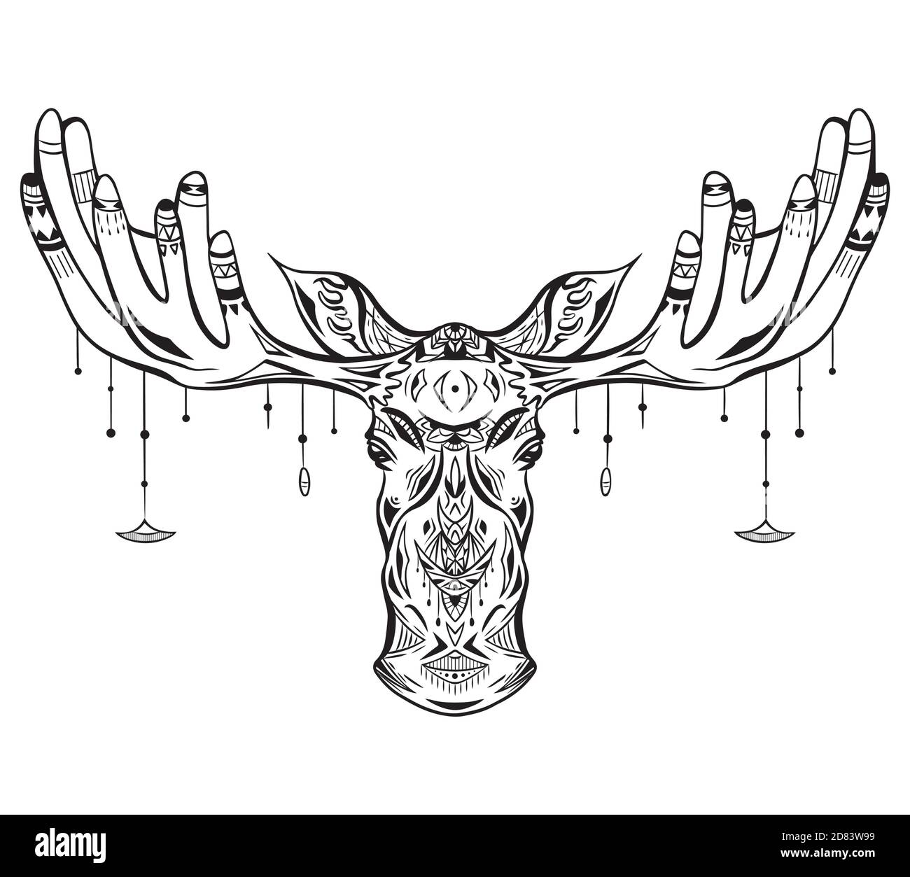 Contour native illustration of a moose head with ethnic decoration and ...